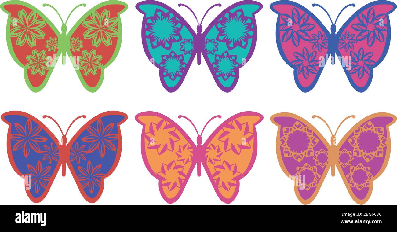 Set of colorful butterflies with fanciful floral pattern wings vector ...