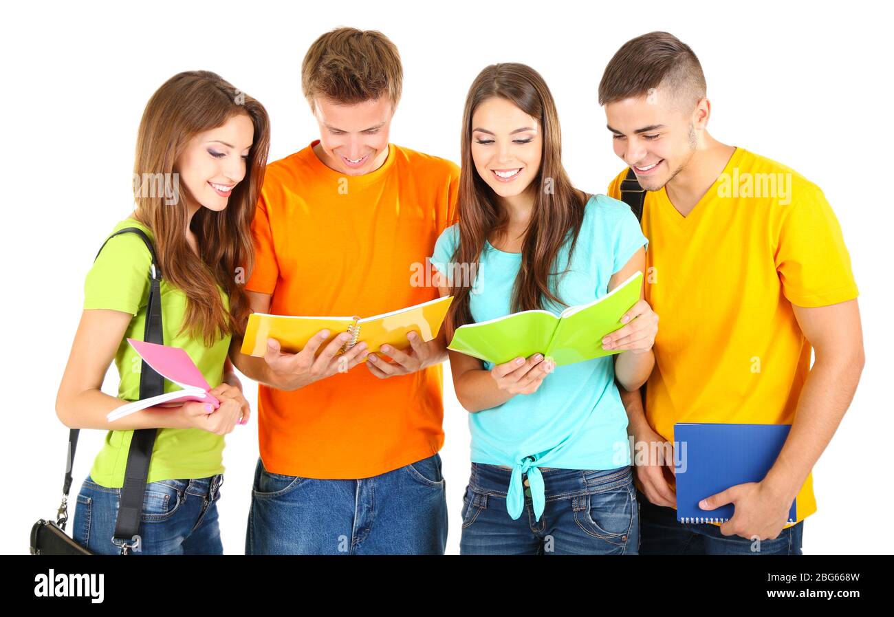 Happy group of beautiful young students, isolated on white Stock Photo ...