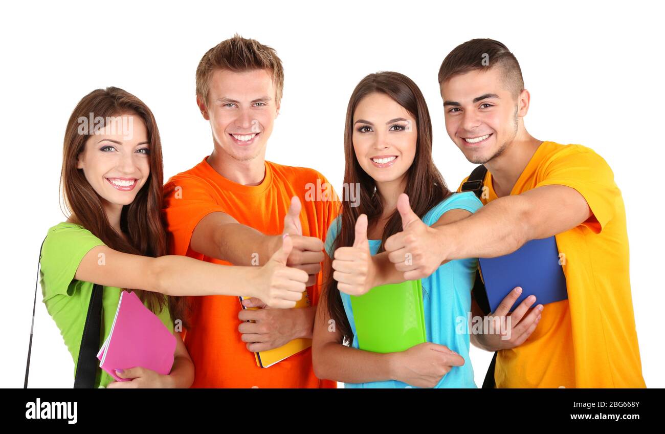 Happy group of beautiful young students, isolated on white Stock Photo ...