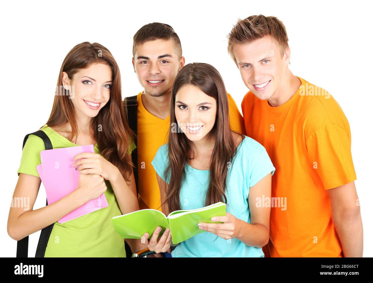 Happy group of beautiful young students, isolated on white Stock Photo ...