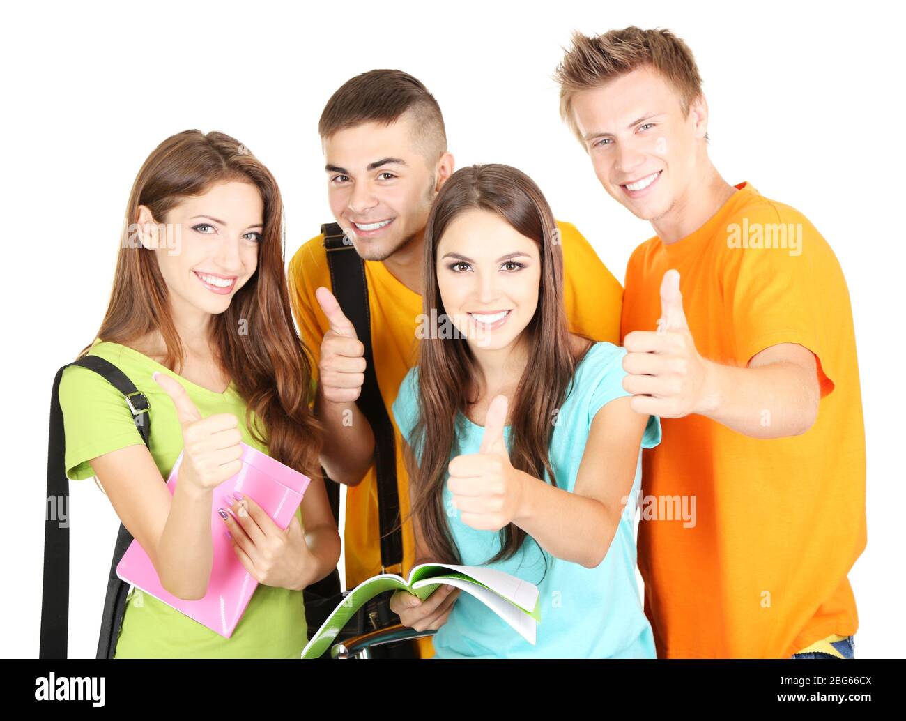 Happy group of beautiful young students, isolated on white Stock Photo ...