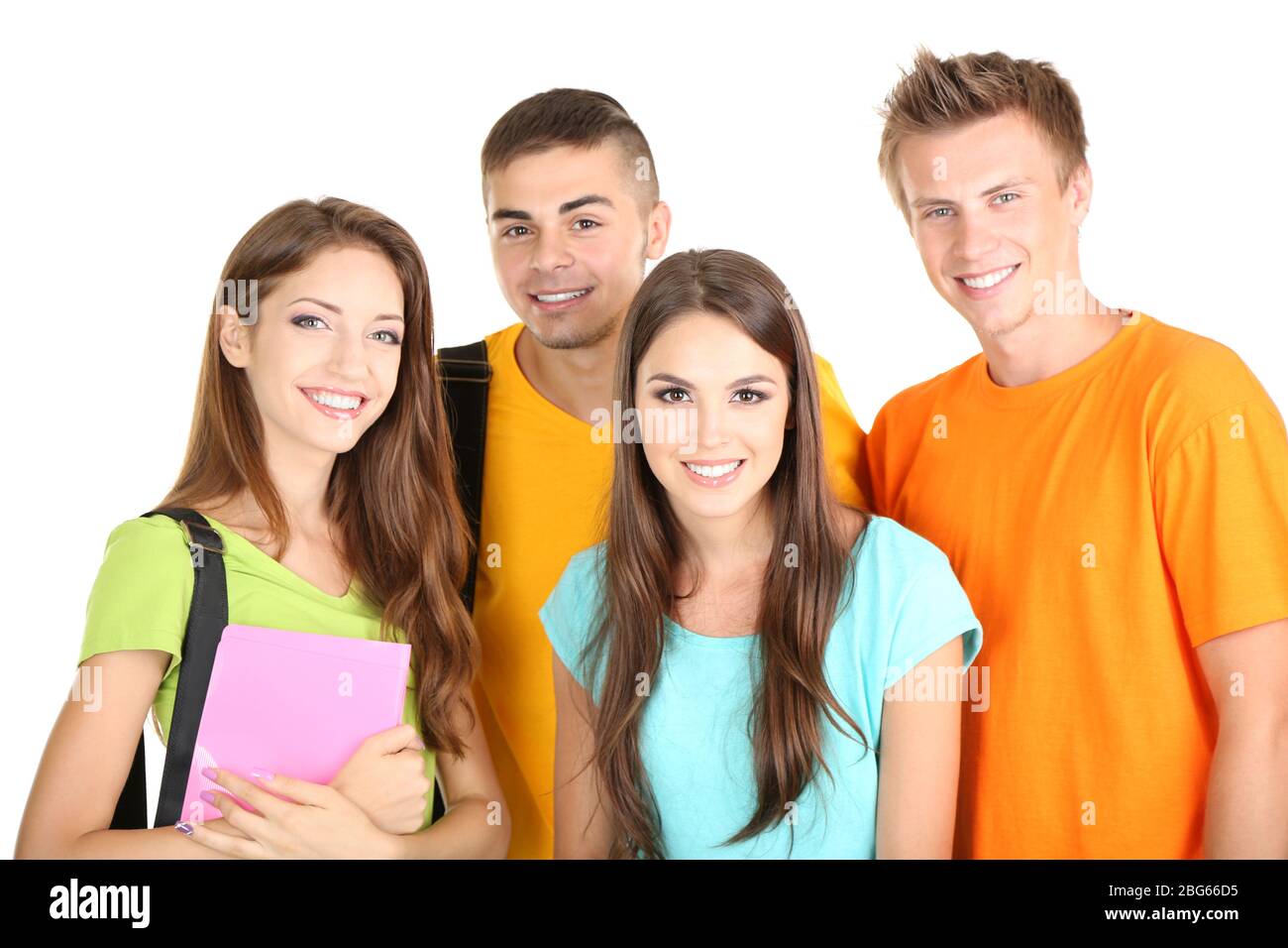 Happy group of beautiful young students, isolated on white Stock Photo ...
