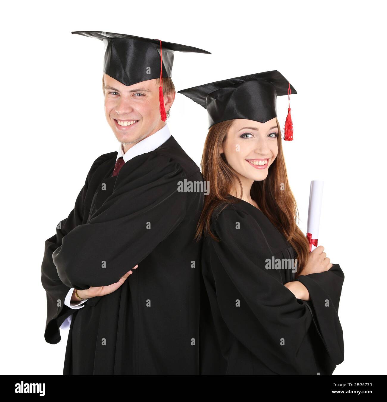 Two happy graduating students isolated on white Stock Photo - Alamy