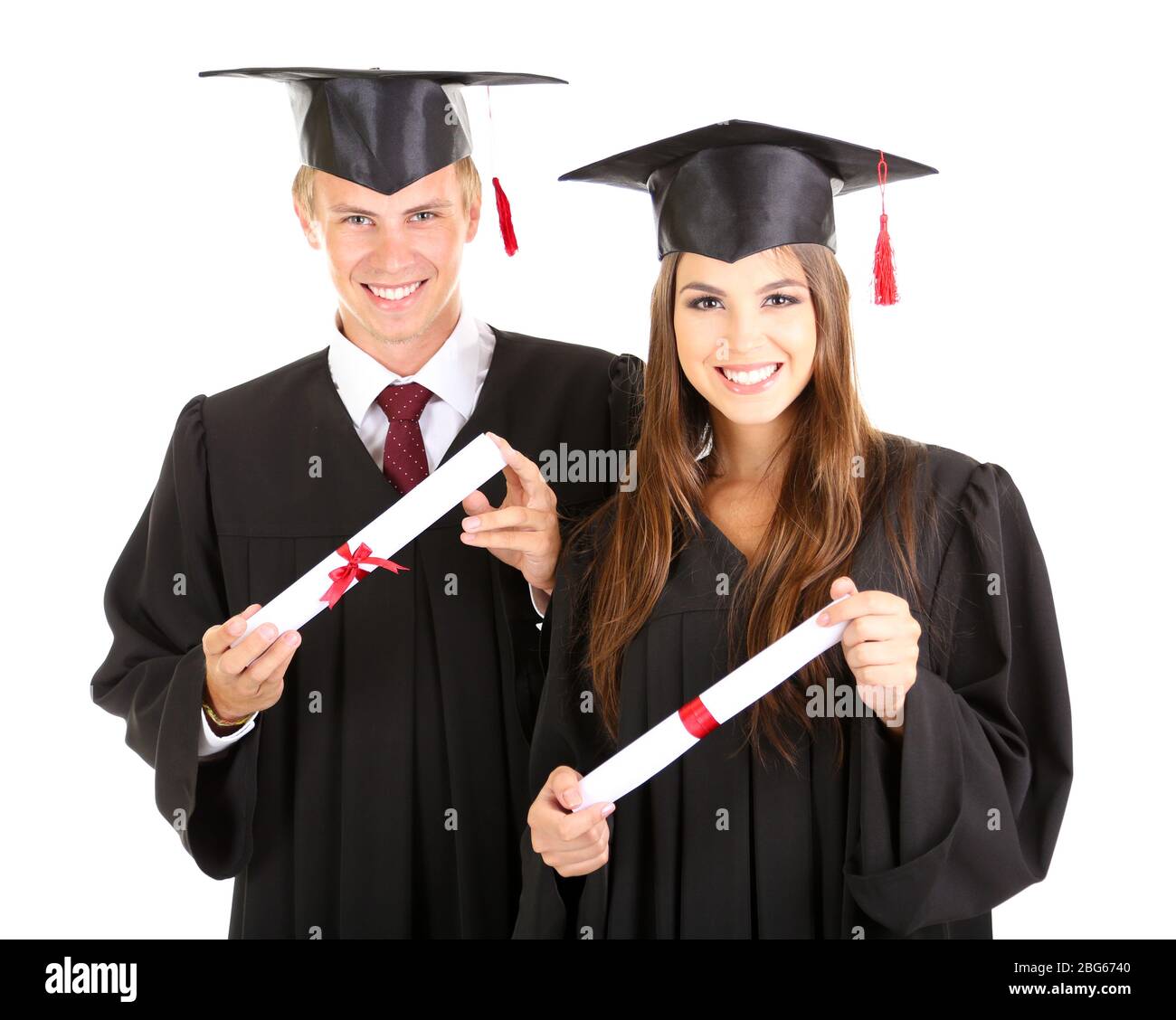 Two happy graduating students isolated on white Stock Photo - Alamy