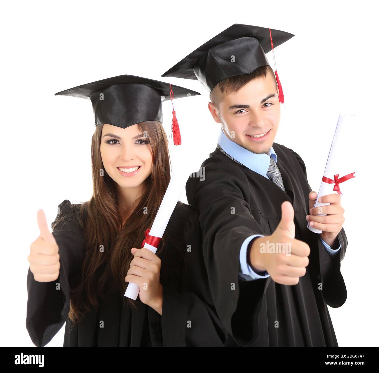Two happy graduating students isolated on white Stock Photo - Alamy