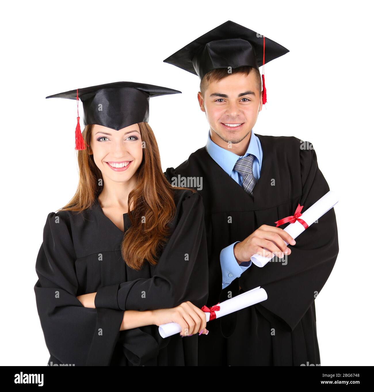 Two happy graduating students isolated on white Stock Photo - Alamy