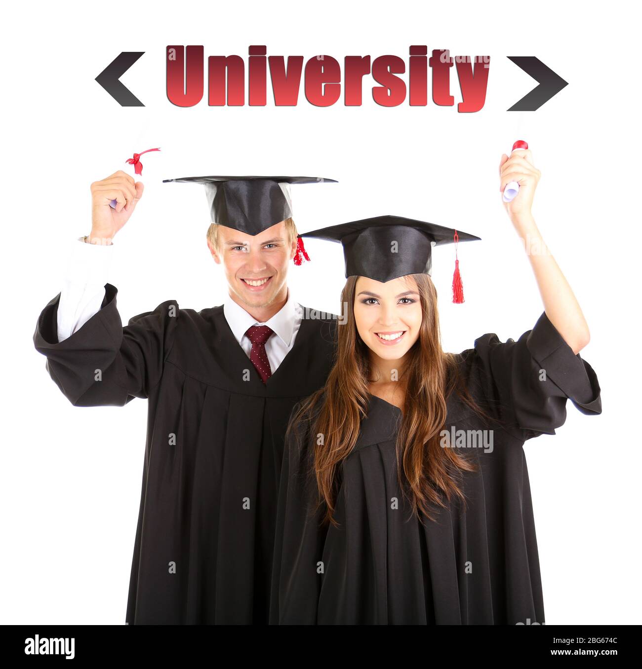 Two happy graduating students isolated on white Stock Photo - Alamy