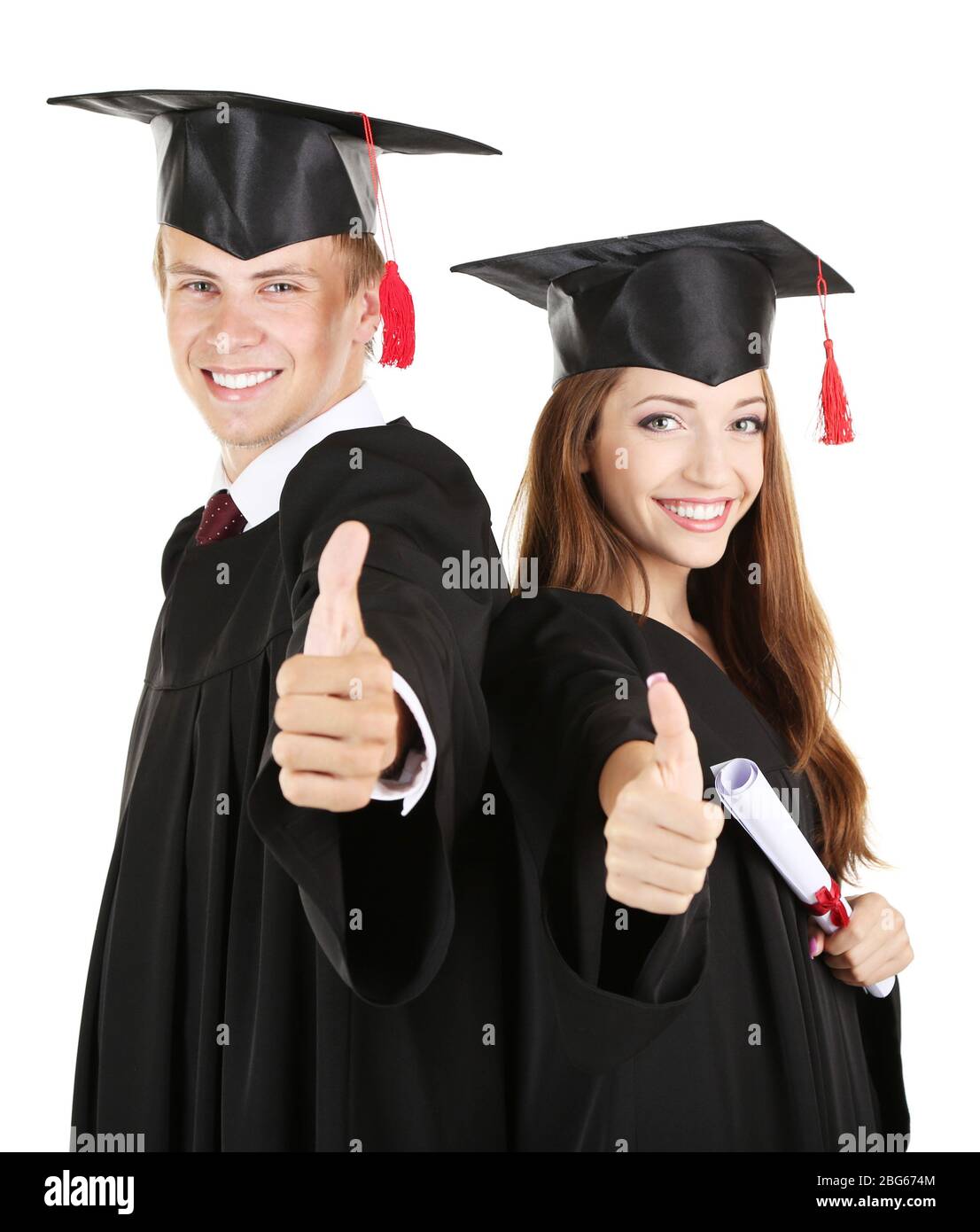 Two happy graduating students isolated on white Stock Photo - Alamy