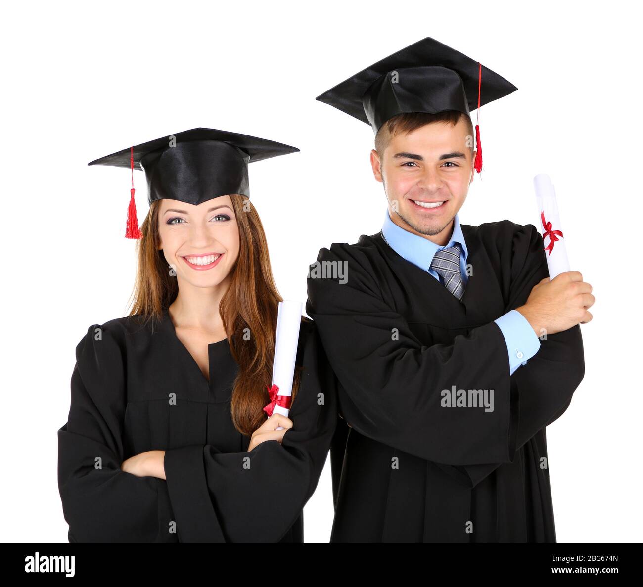 Two happy graduating students isolated on white Stock Photo - Alamy