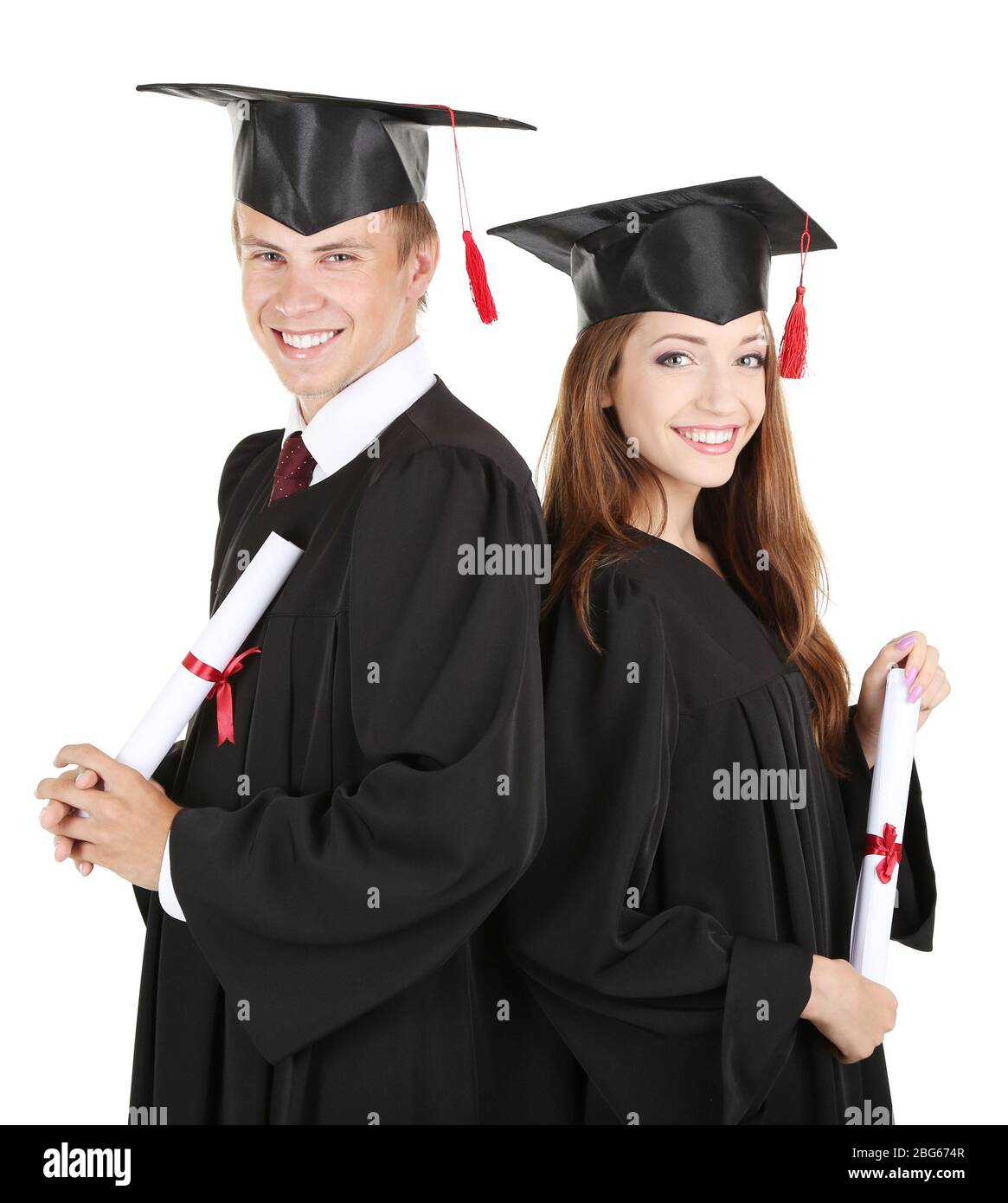 Two happy graduating students isolated on white Stock Photo - Alamy