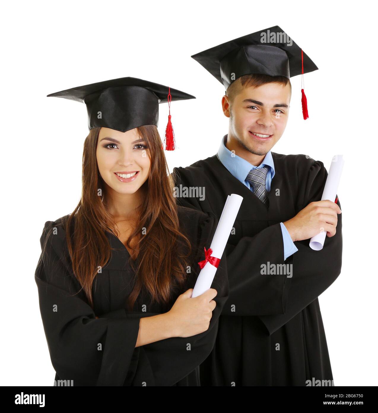 Two happy graduating students isolated on white Stock Photo - Alamy