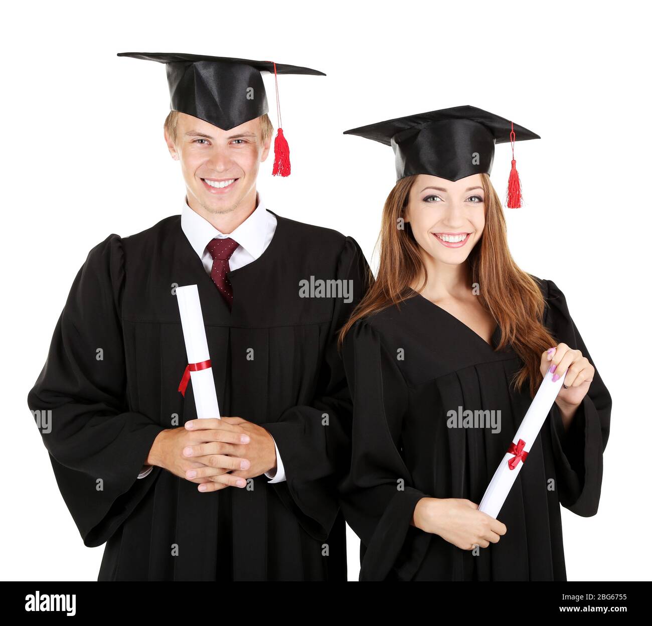 Two happy graduating students isolated on white Stock Photo - Alamy