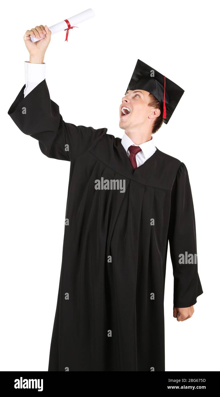 Happy graduating student isolated on white Stock Photo - Alamy