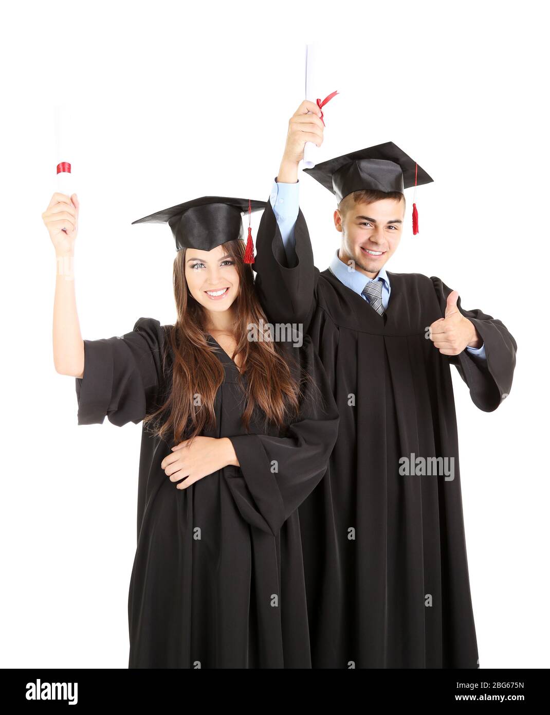 Two happy graduating students isolated on white Stock Photo - Alamy