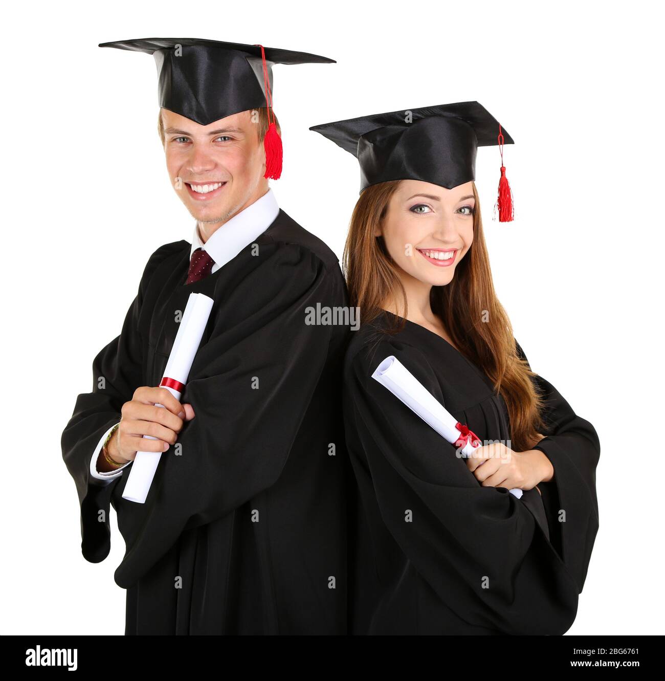 Two happy graduating students isolated on white Stock Photo - Alamy