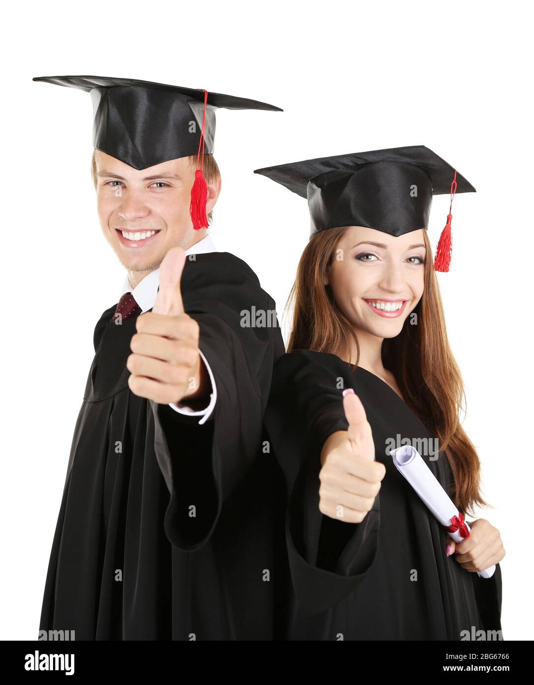 Two happy graduating students isolated on white Stock Photo - Alamy