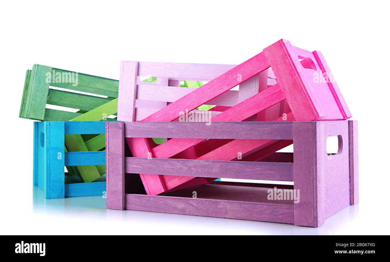 Color wooden crates, isolated on white Stock Photo - Alamy