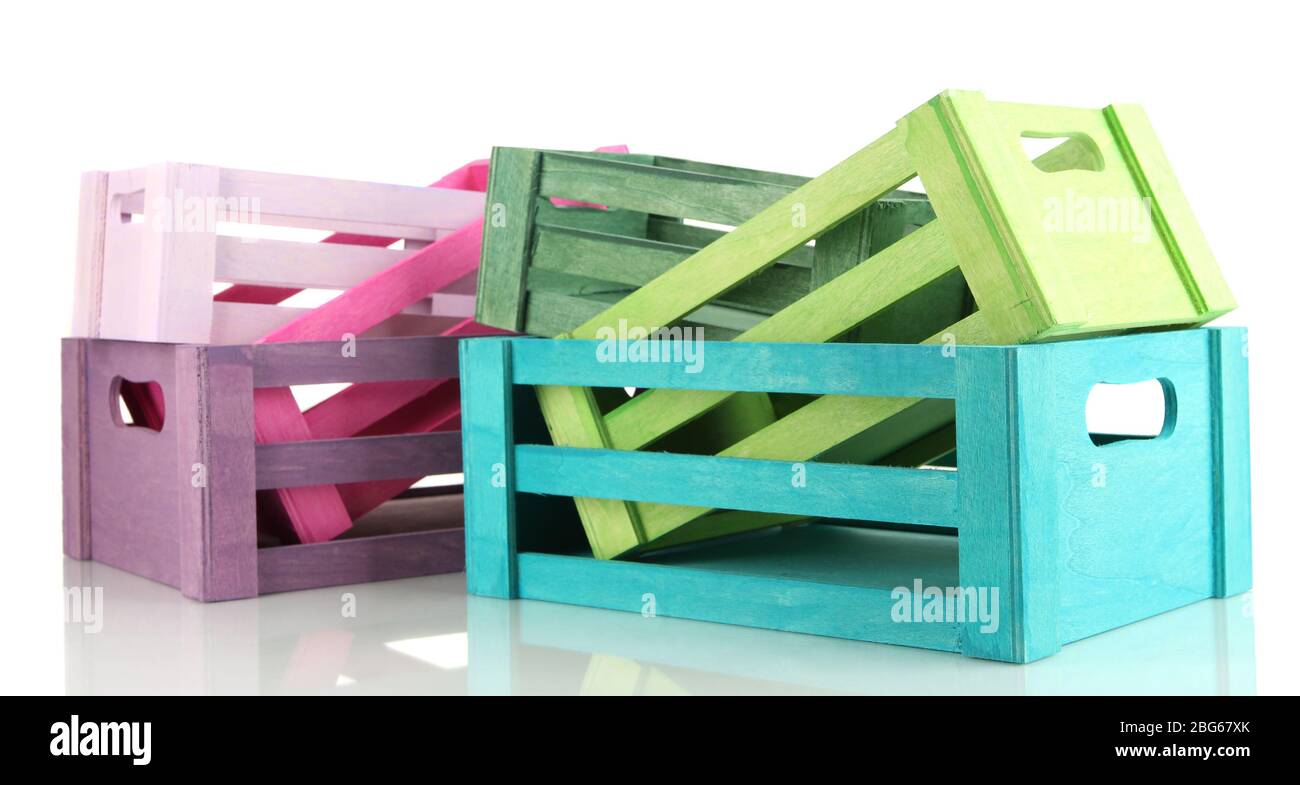 Color wooden crates, isolated on white Stock Photo - Alamy