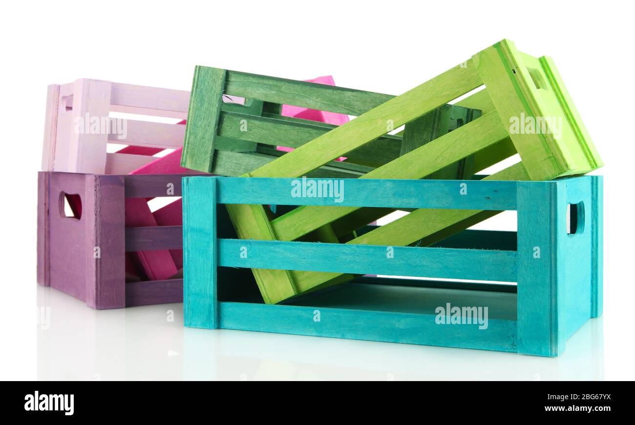 Color wooden crates, isolated on white Stock Photo - Alamy
