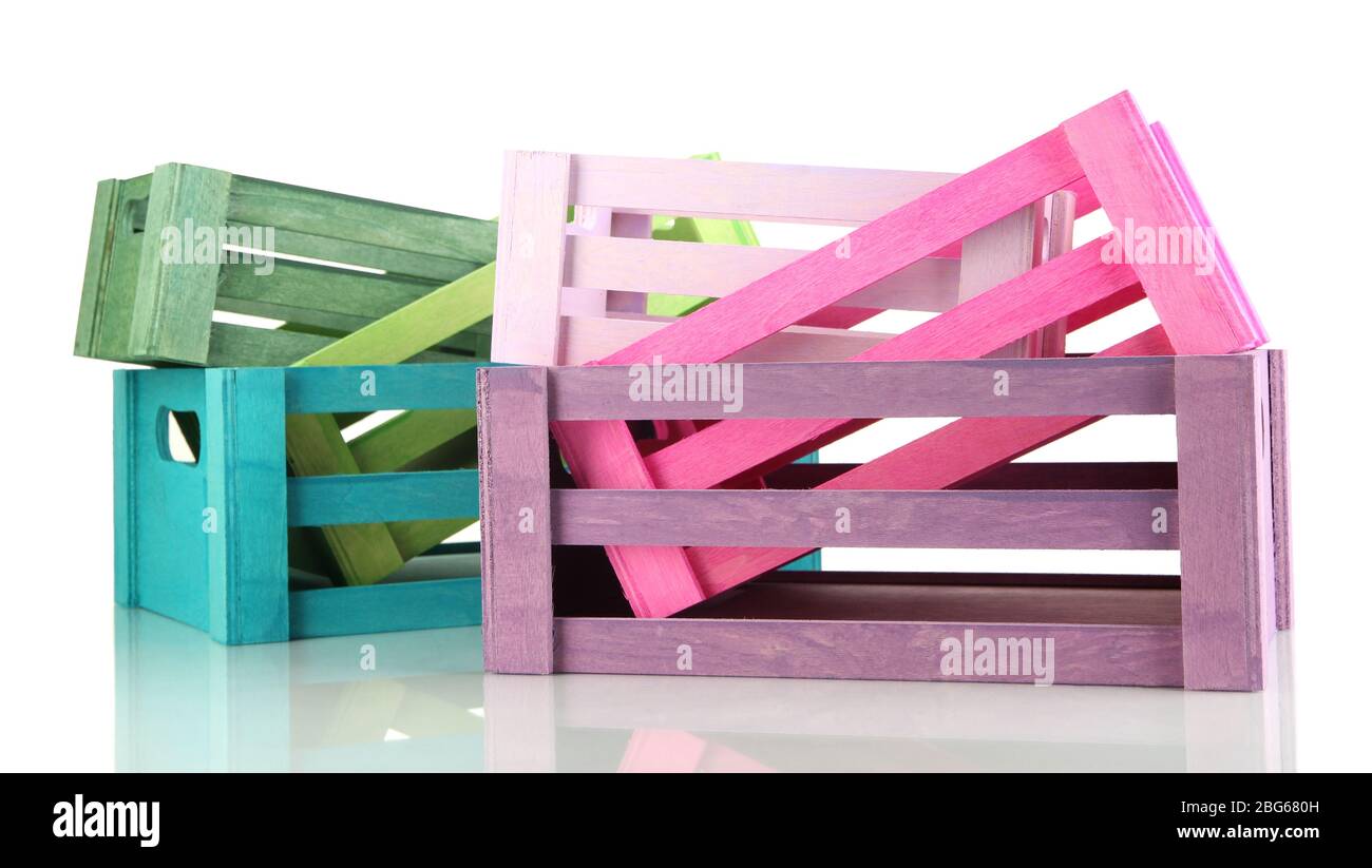 Color wooden crates, isolated on white Stock Photo - Alamy