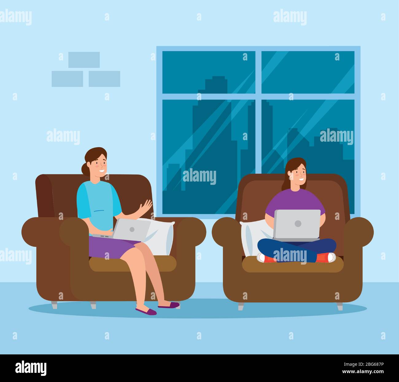 women working in telecommuting sitting in couches Stock Vector Image ...