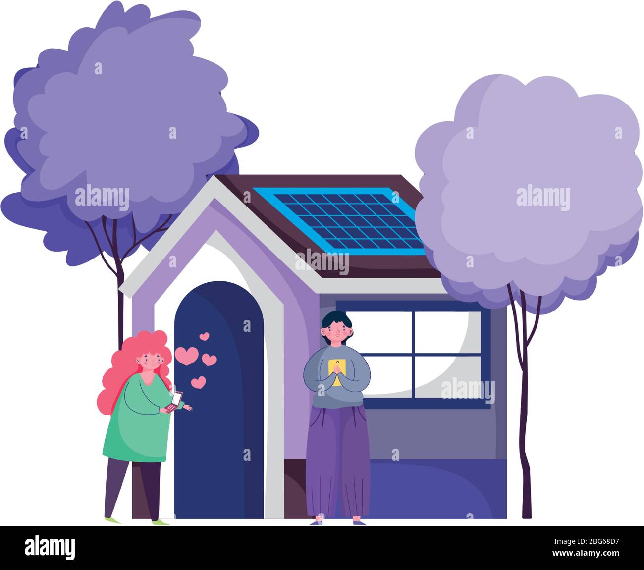 people and smartphone, couple using mobile texting outside of house ...