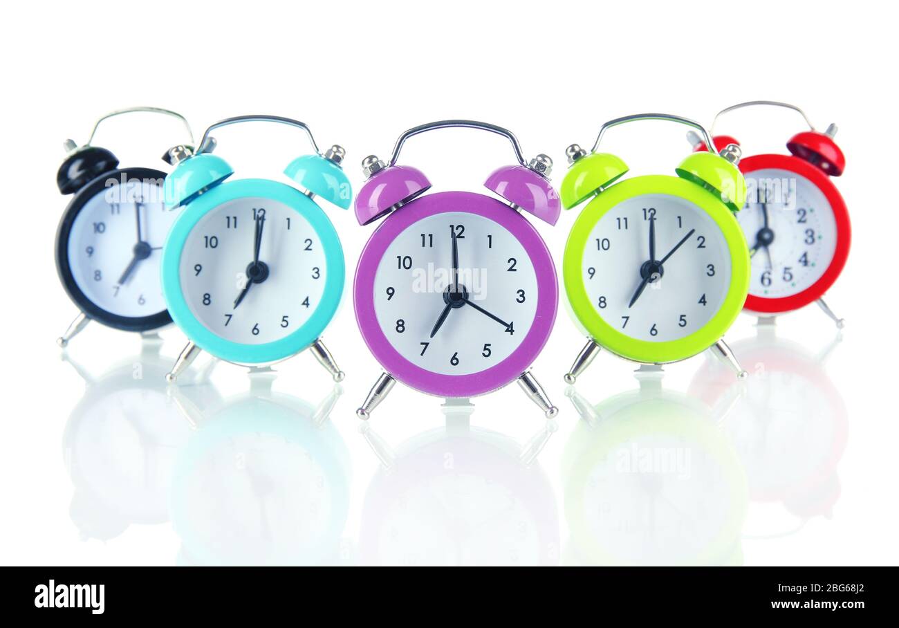 Colorful alarm clock isolated on white Stock Photo - Alamy