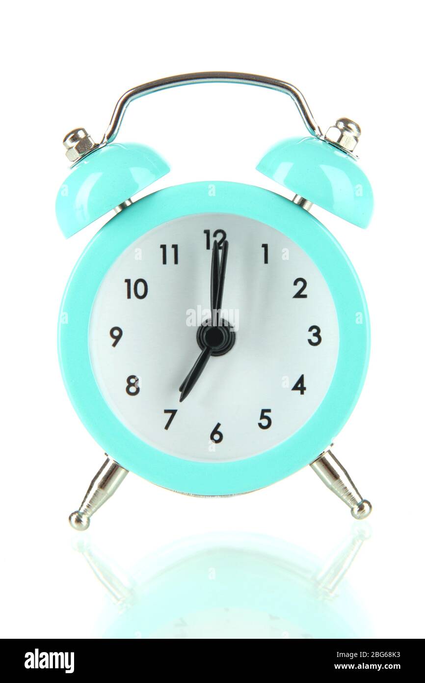 Blue alarm clock isolated on white Stock Photo - Alamy