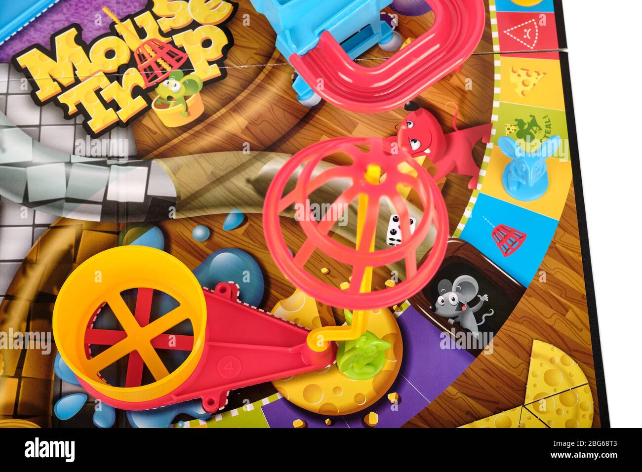 Overhead view of assembled Hasbro Mouse trap board game with one mouse ...