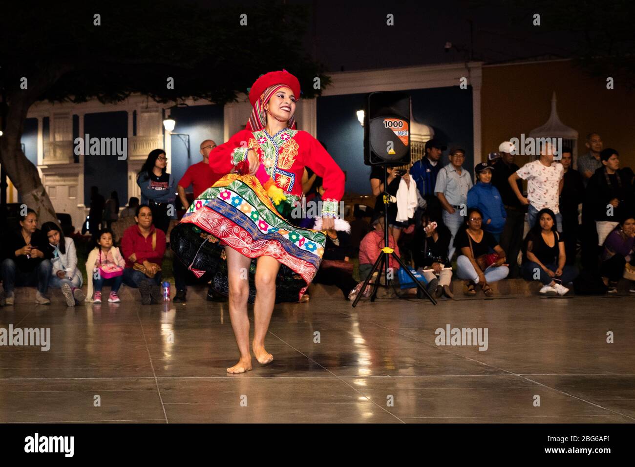Dancers in colourful costumes performing traditional Huayno Cusqueño ...