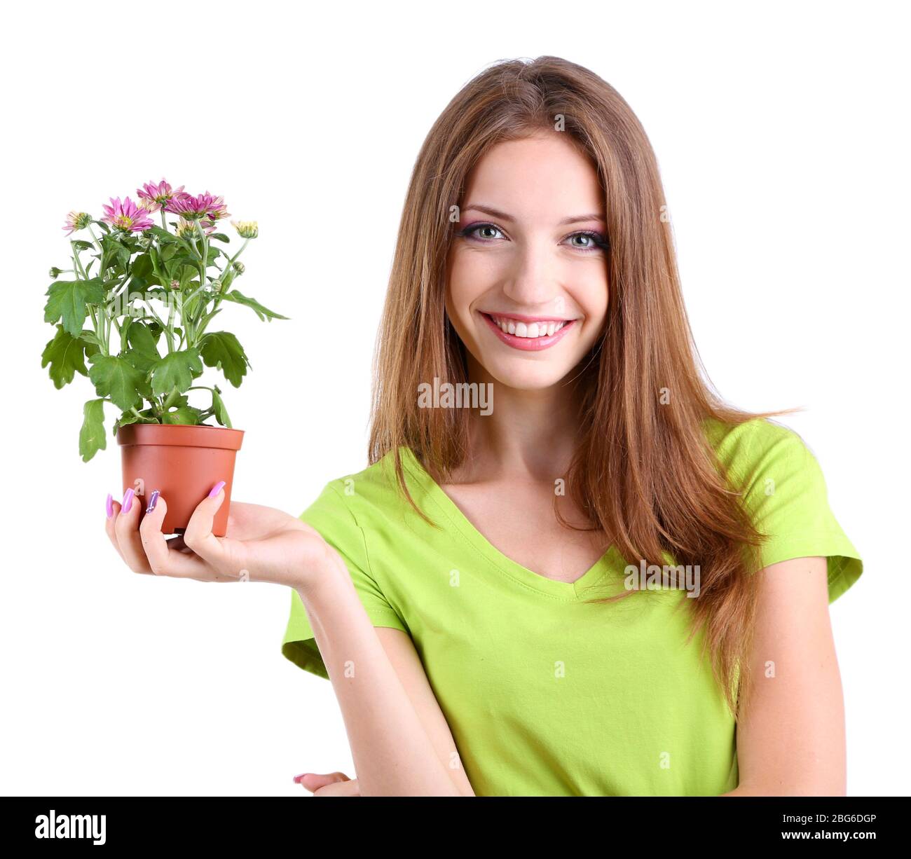 Beautiful girl with flower in pot isolated on white Stock Photo - Alamy