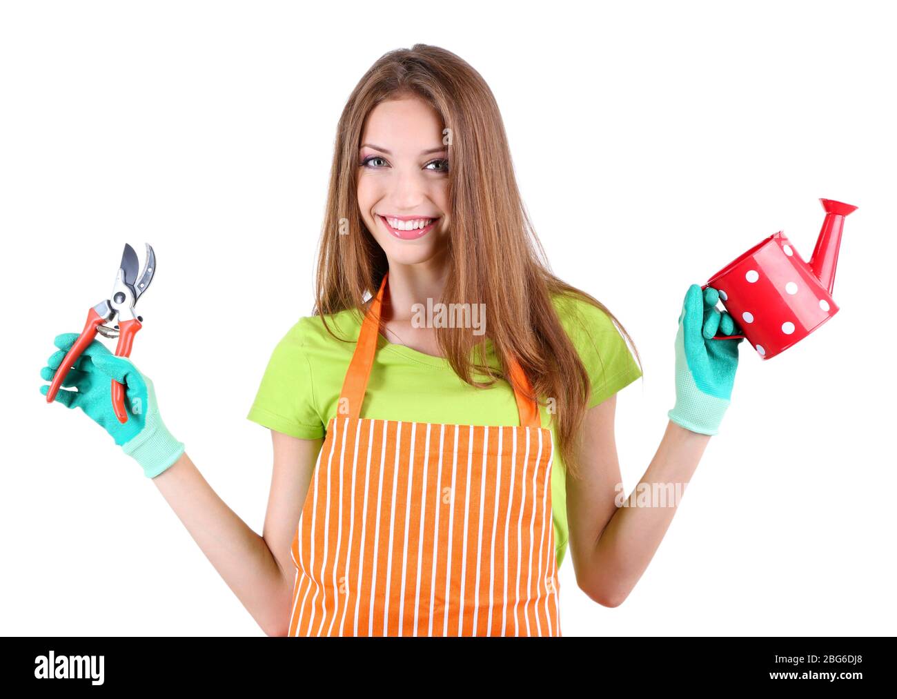 Beautiful girl gardener isolated on white Stock Photo - Alamy