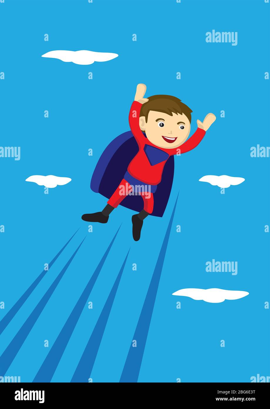 Vector cartoon illustration of a young boy wearing red and blue super ...