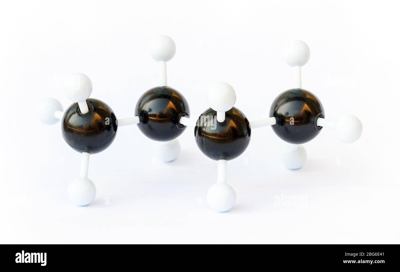 Plastic ball-and-stick model of a butane (chemical formula C4H8 ...