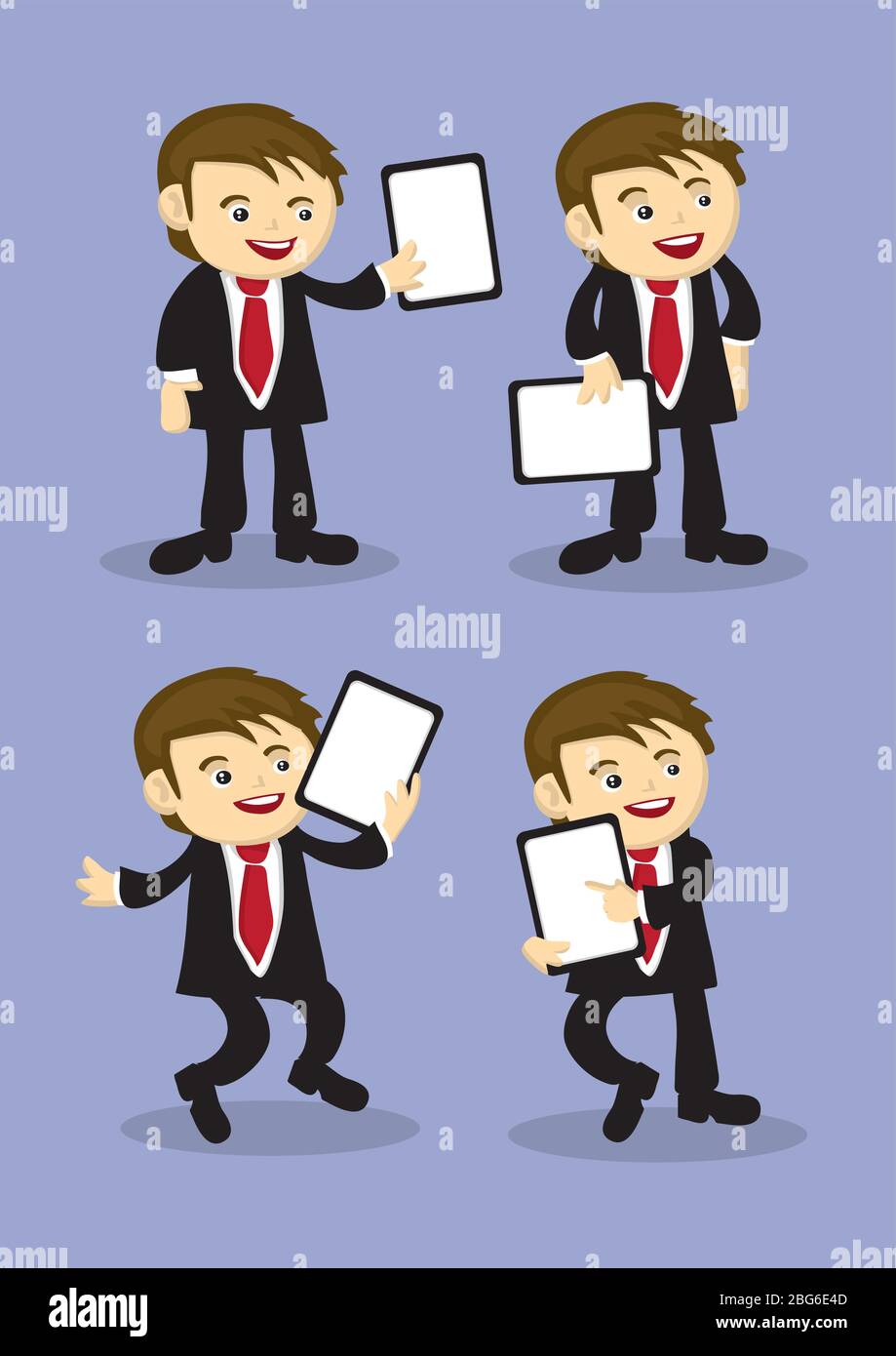 Vector cartoon of a happy businessman holding a blank placard with copy ...