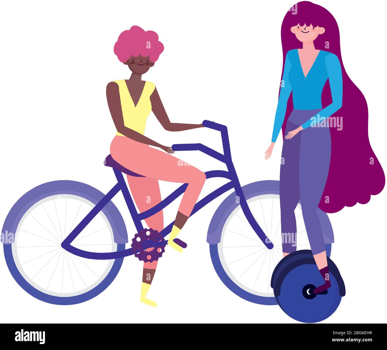 eco friendly transport, young women riding unicycle and bike cartoon ...