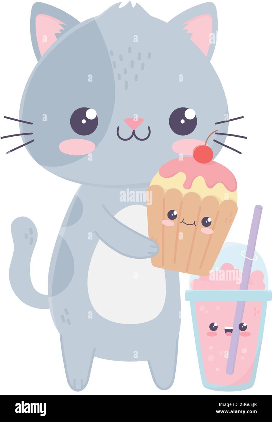 cute cat with cupcake and frappe kawaii cartoon character vector ...