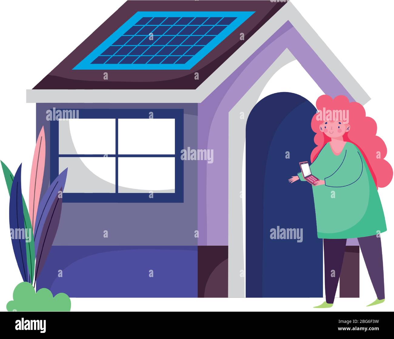 people and smartphone, woman using mobile outside house with solar ...