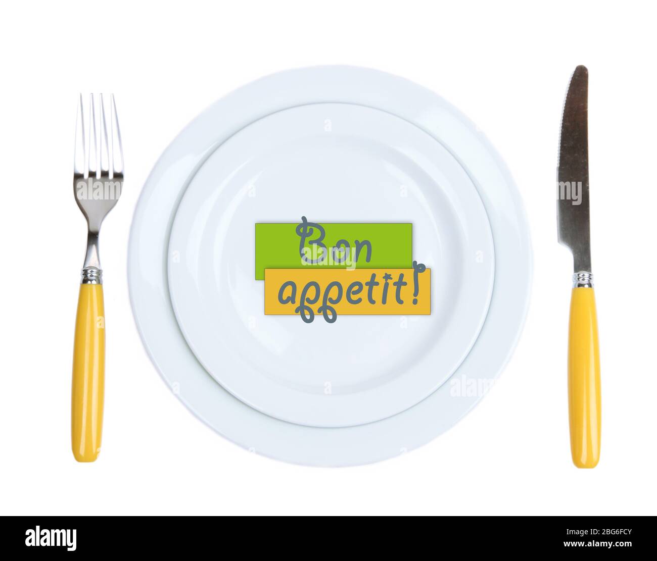 Knife, color plate and fork, isolated on white Stock Photo - Alamy