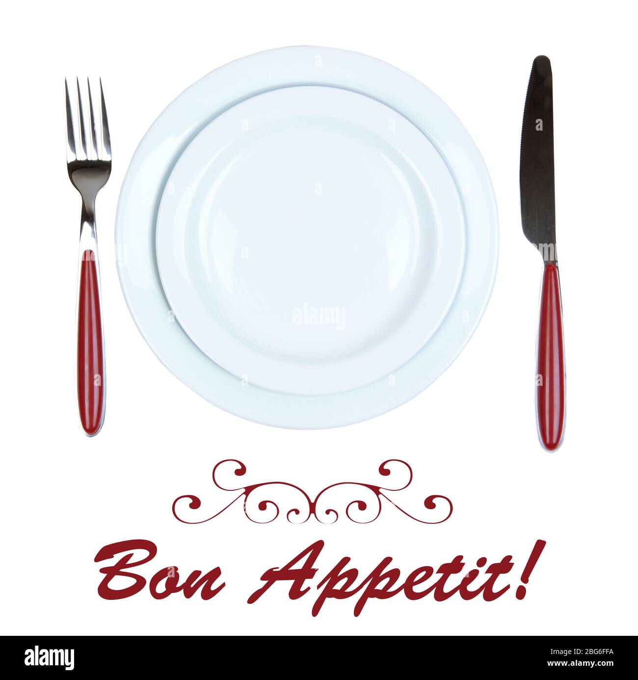 Knife, color plate and fork, isolated on white Stock Photo - Alamy