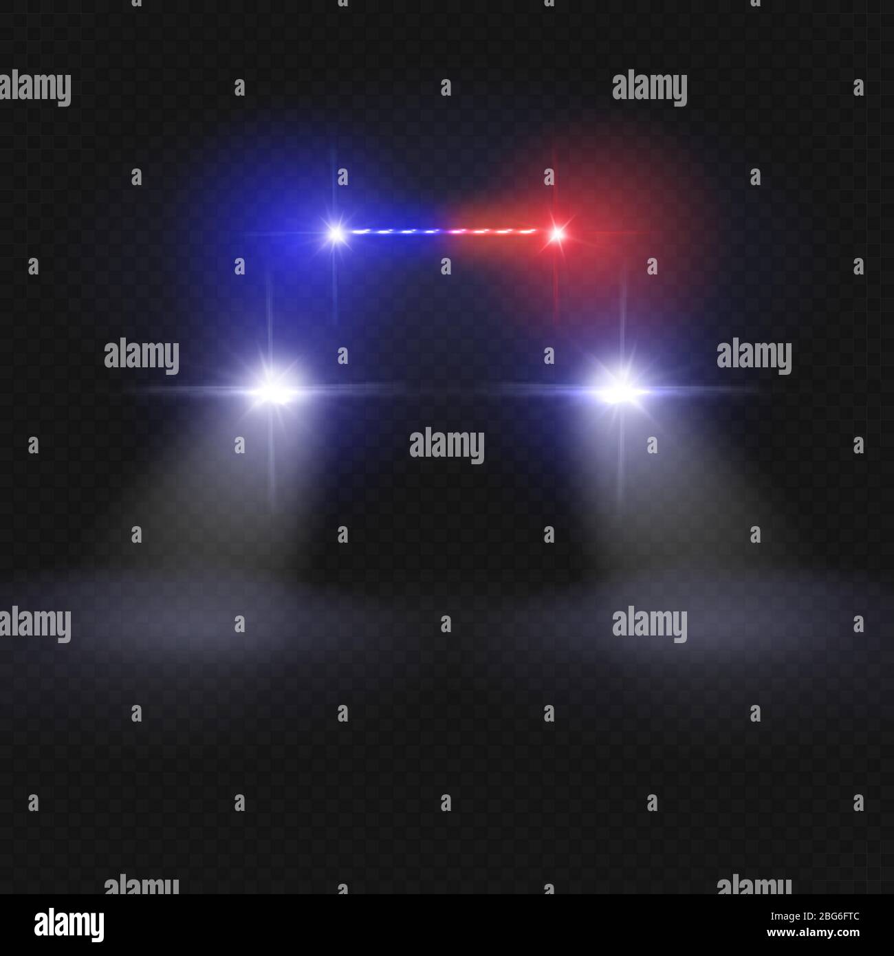 Police car headlight beams isolated on dark transparent background ...