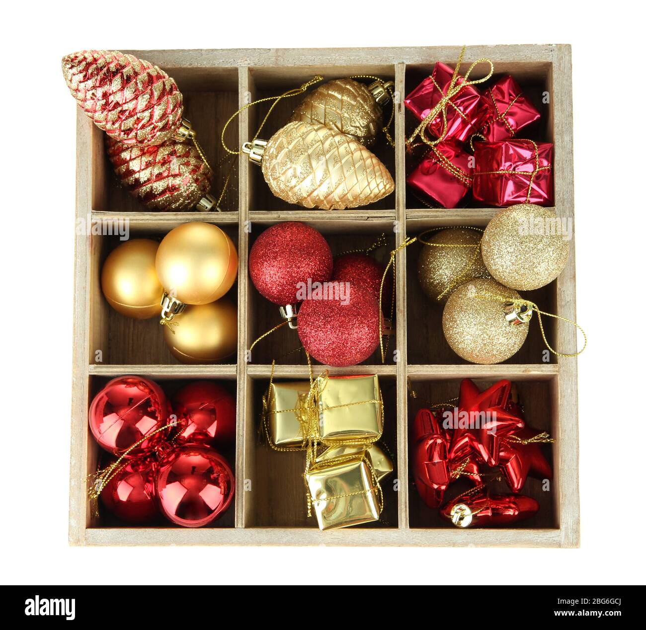 Wooden box filled with christmas decorations, isolated on white Stock ...
