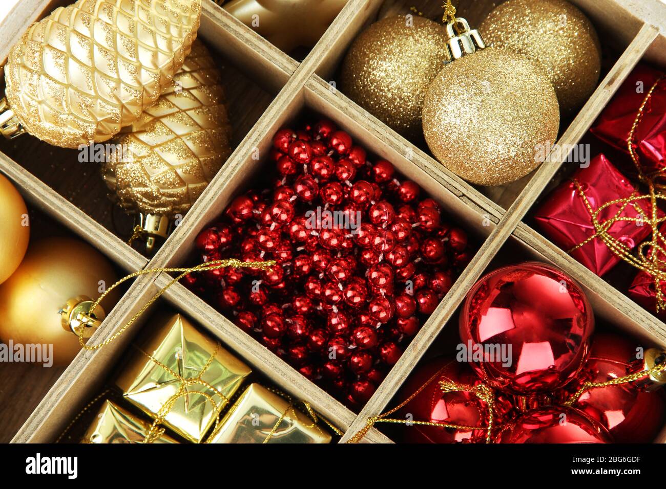 Wooden box filled with christmas decorations background Stock Photo - Alamy