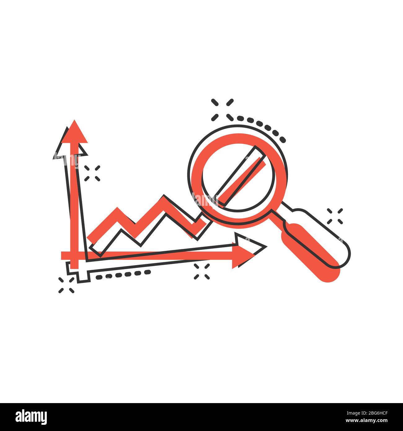Market trend icon in comic style. Growth arrow with magnifier cartoon ...
