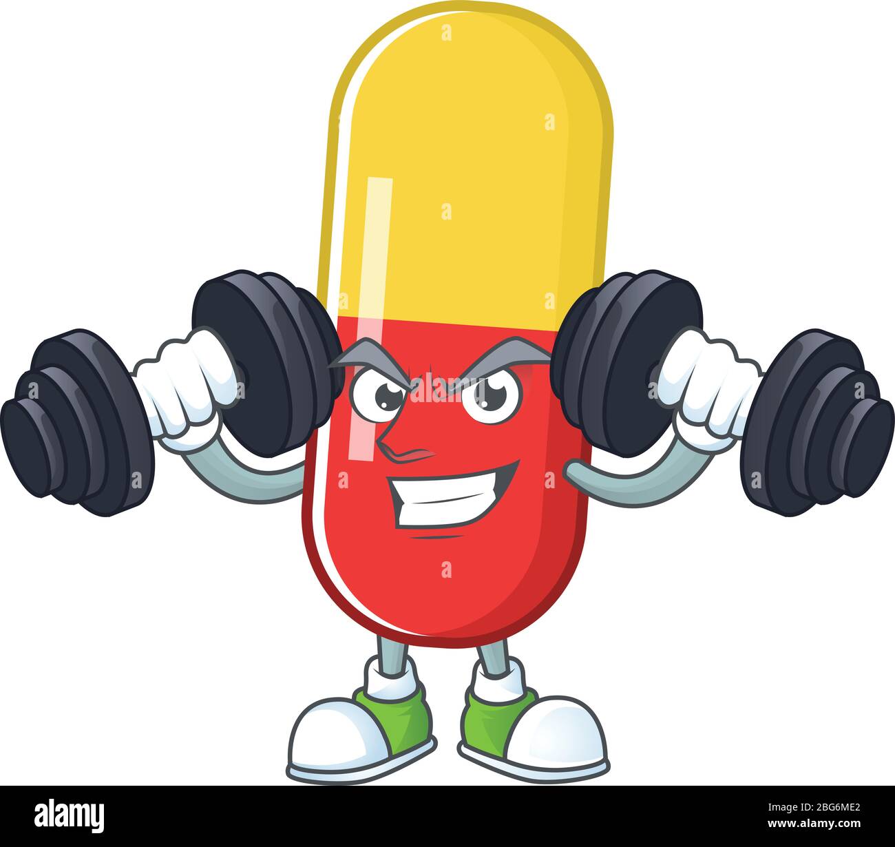 Fitness exercise red yellow capsules cartoon character using barbells ...