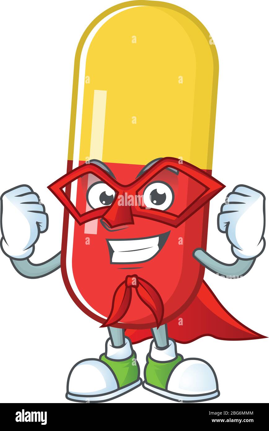 Red yellow capsules cartoon design concept dressed as Super hero Stock ...