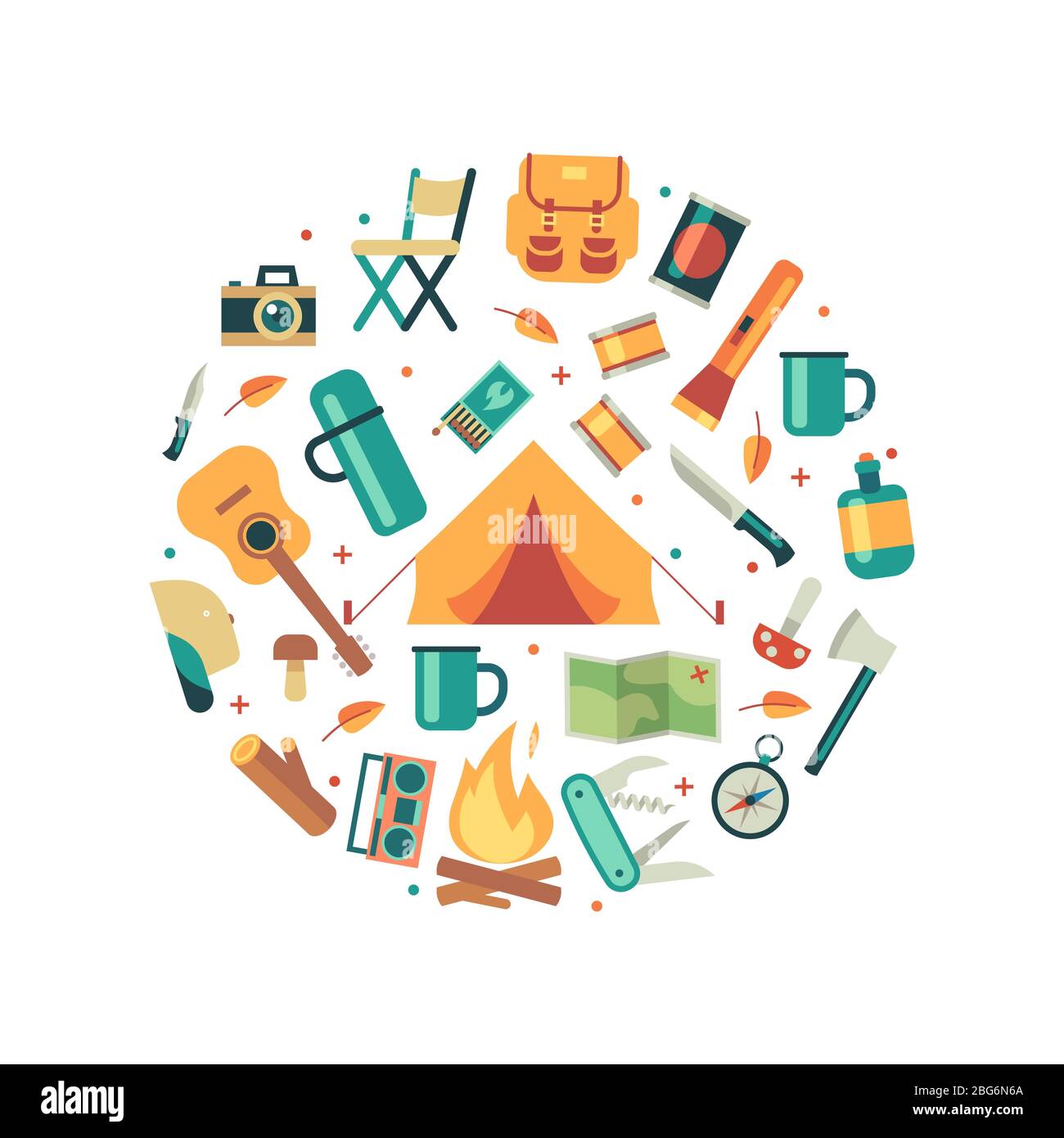 Tourists equipment, travel and hiking accessories icons round concept ...