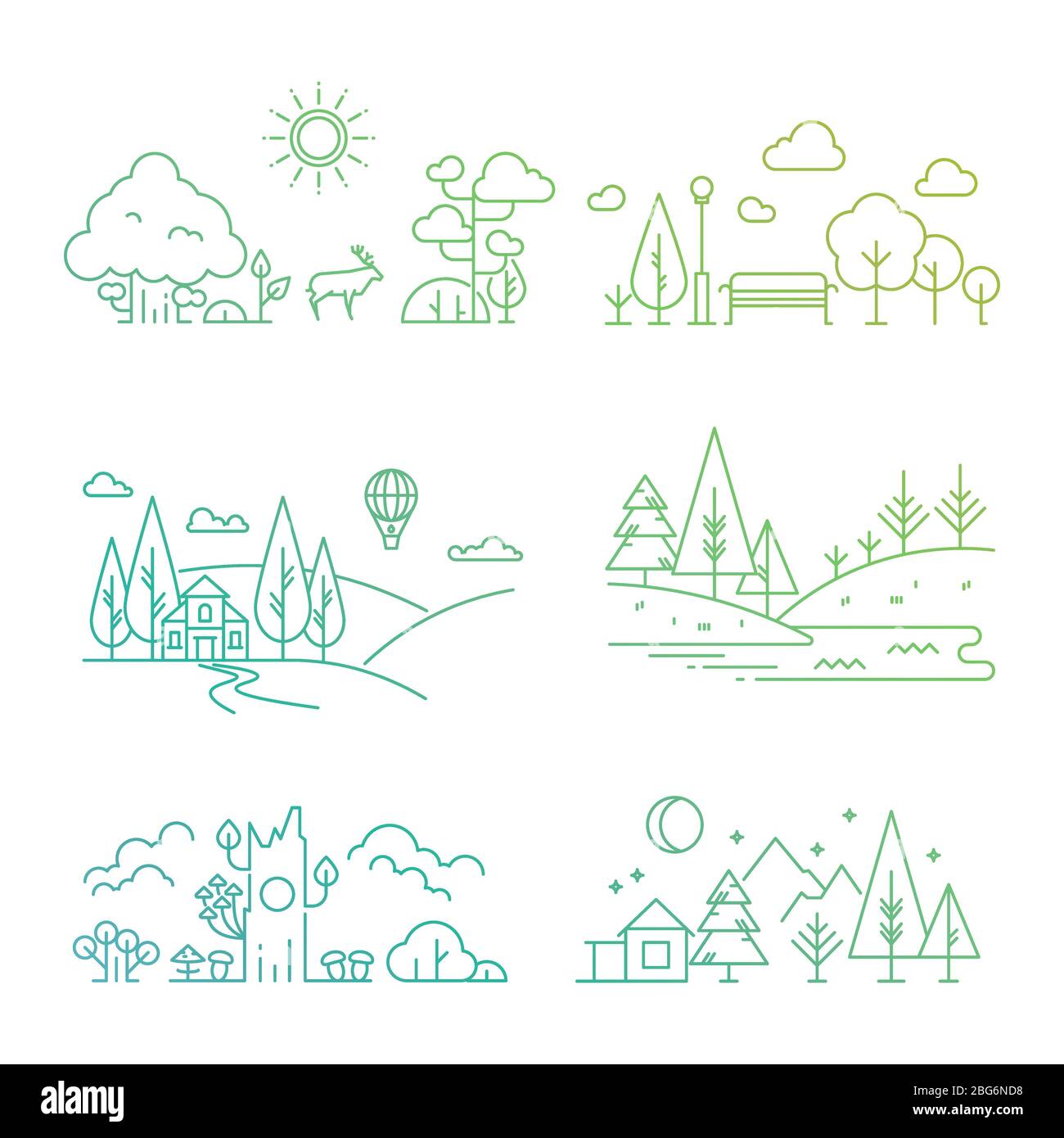 Bright nature landscape outline icons with tree, plants, mountains ...
