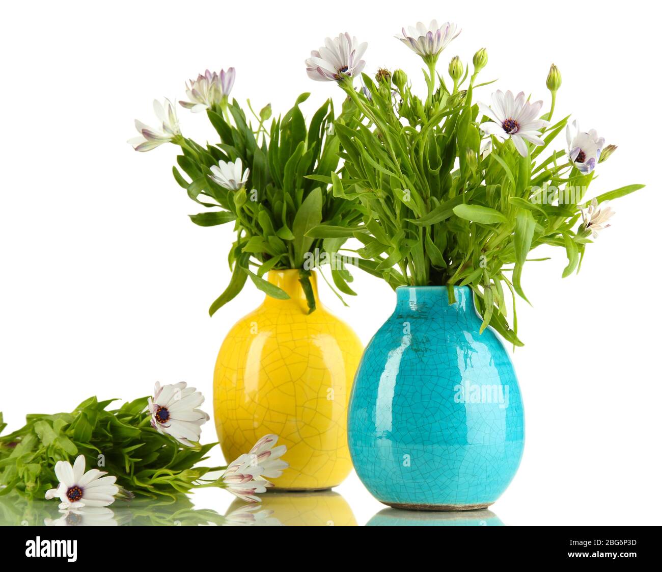 Bouquet of beautiful summer flowers in color vases, isolated on white ...