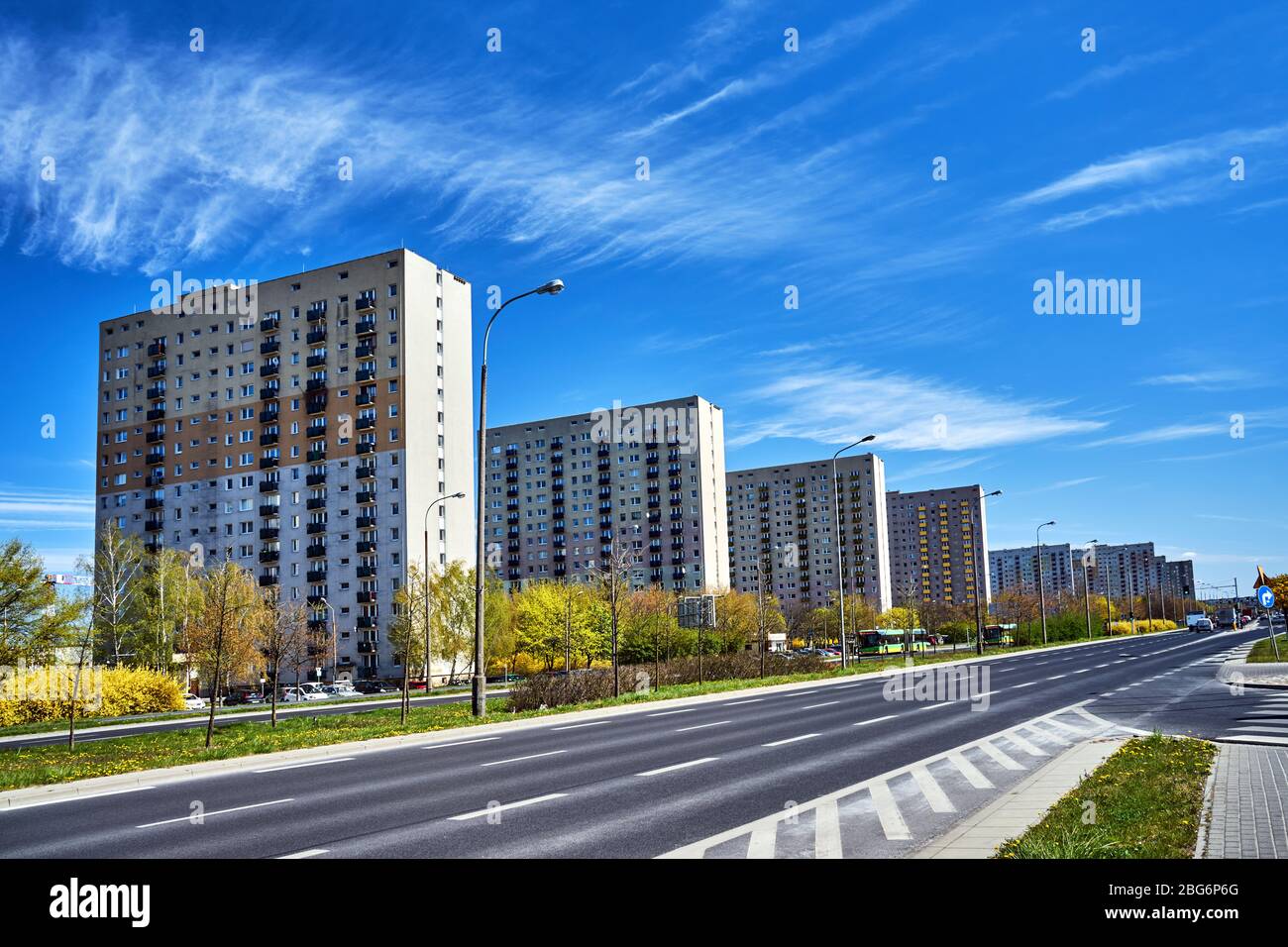 a wide street and a number of residential high-rise buildings in the ...